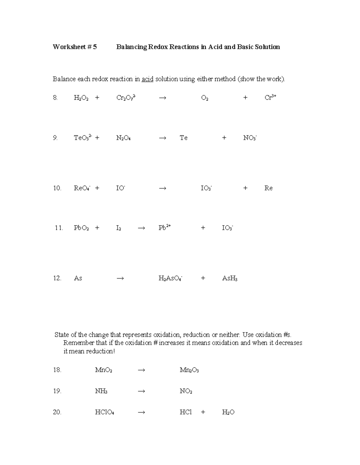 Chem 101: Balancing Redox Reactions Worksheet #5 with Answers - Studocu