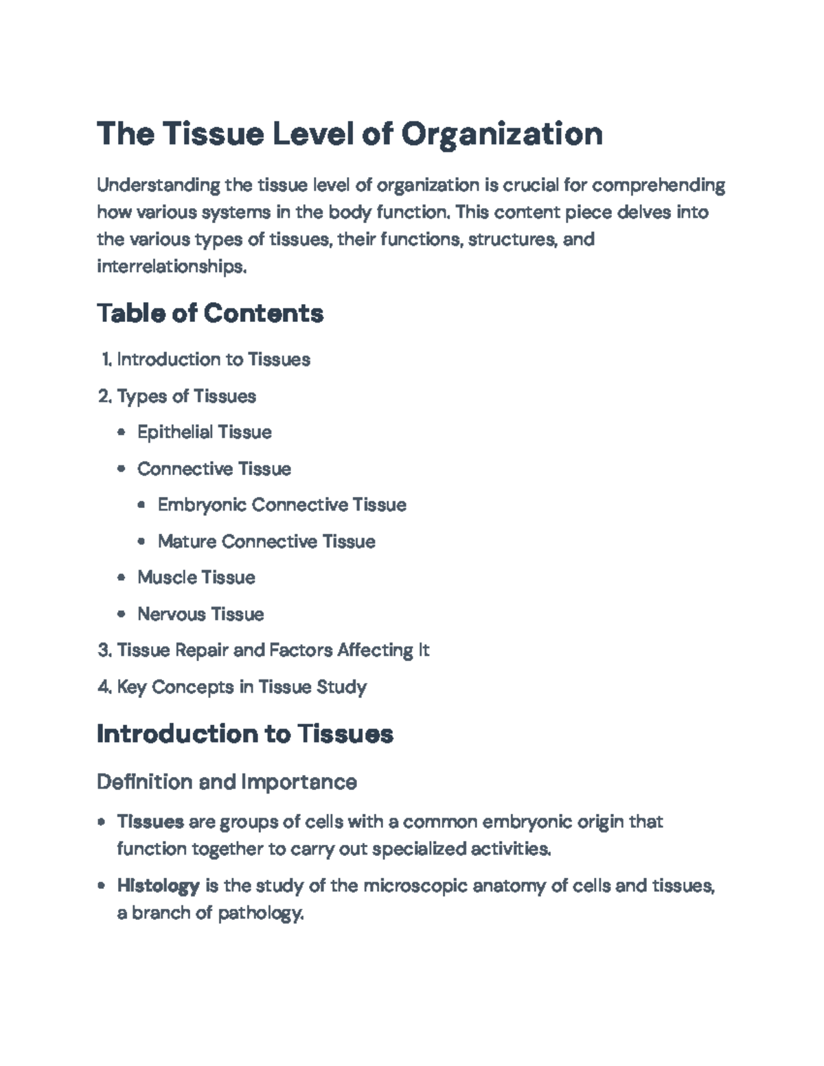 Tissue Level of Organization: Overview of Types and Functions - The ...