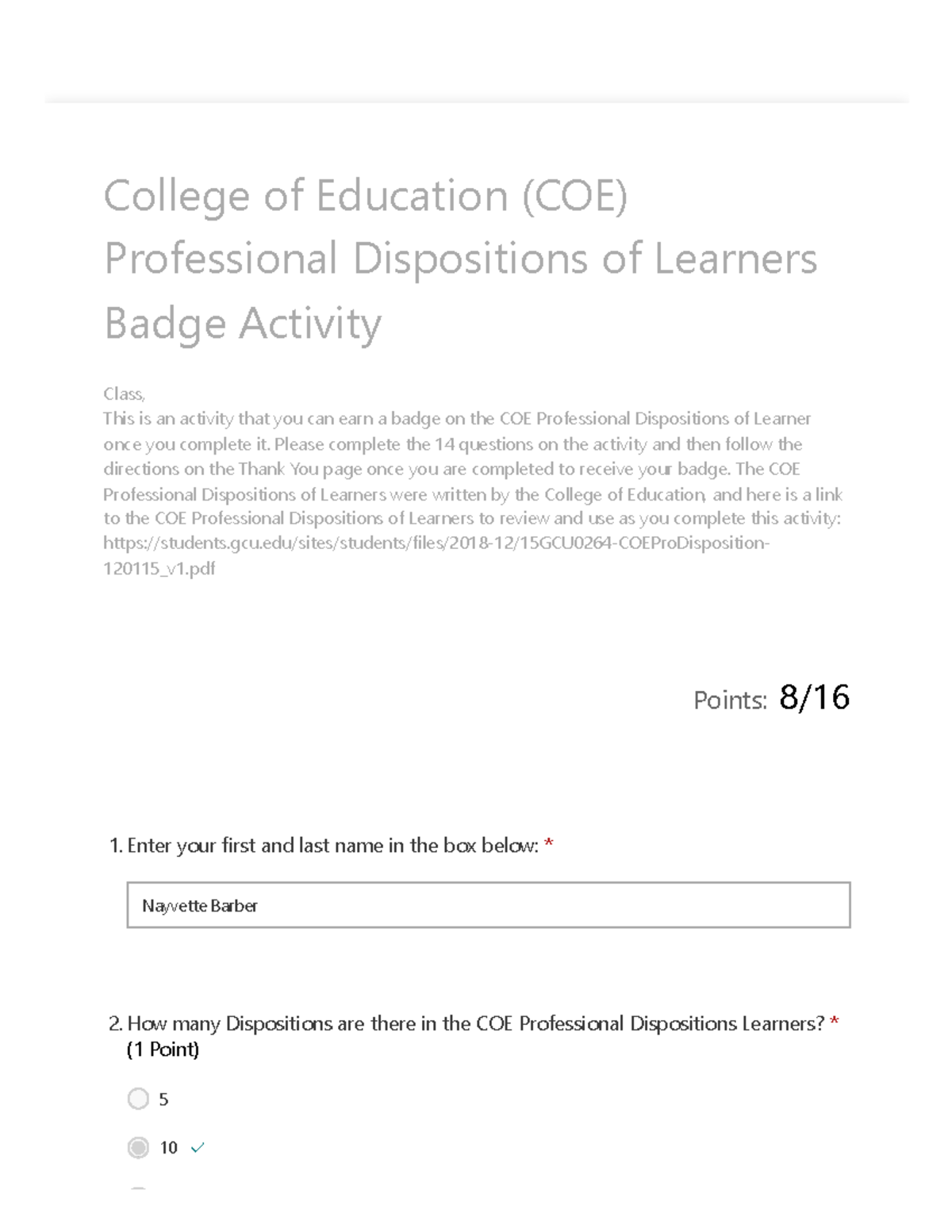 COE Badge Activity: Professional Dispositions of Learners Guide - Studocu