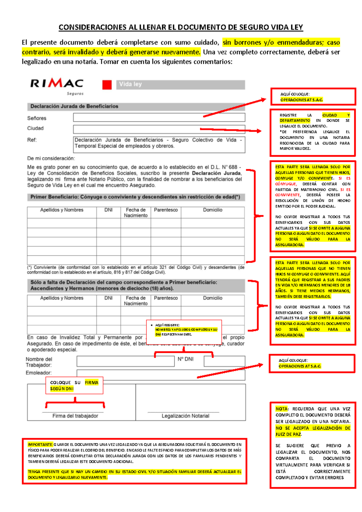Instructivo DE VIDA LEY Rimac - CONSIDERACIONES AL LLENAR EL DOCUMENTO DE SEGURO VIDA LEY El ...