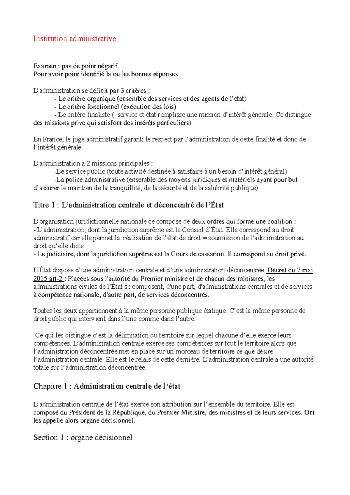 Instit admin - Institution administrative Examen : pas de point négatif ...