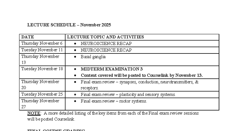 NEUR 2000 November lecture schedule - F25 - 1 LECTURE SCHEDULE ...