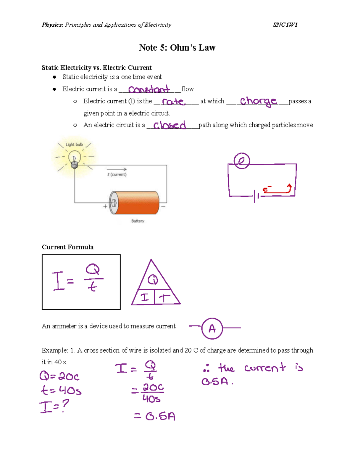 Physics SNC1W1 Note 5: Static Electricity vs. Electric Current - Studocu