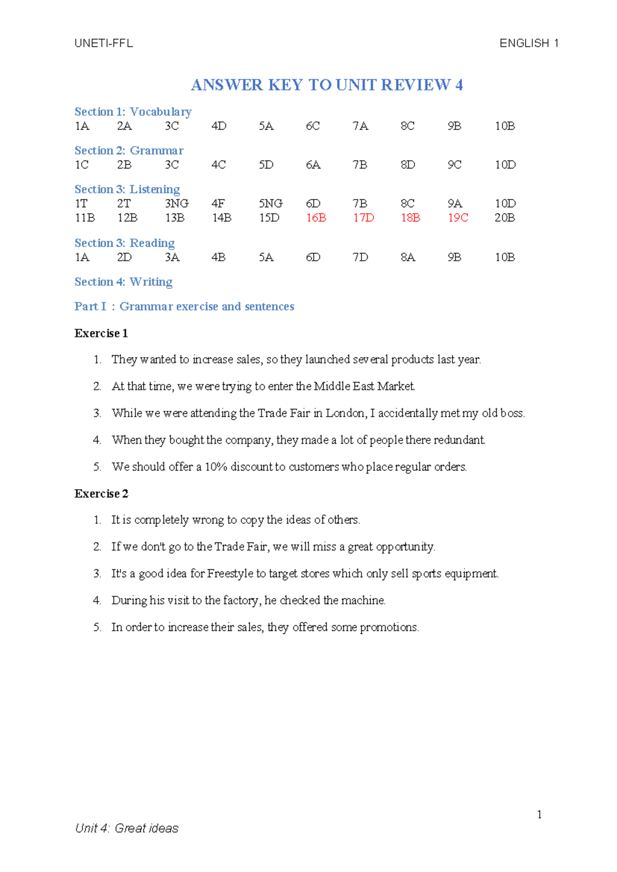 UNIT Review 4 T - hay và ý nghĩa - ANSWER KEY TO UNIT REVIEW 4 Section ...