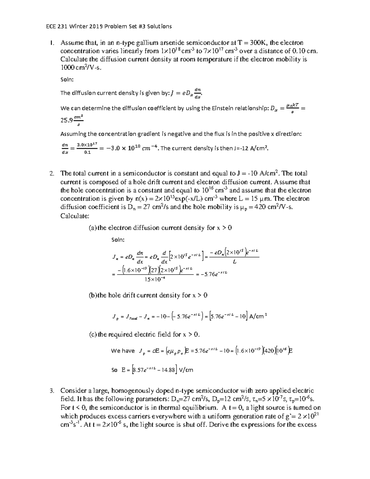 problem set 3 solutions - 1. Assume that, in an n-type gallium arsenide semiconductor at T ...