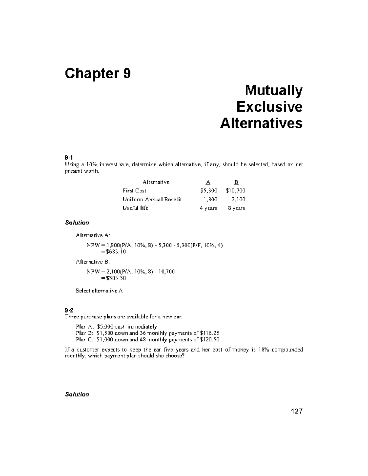 Chapter 9: Analysis of Mutually Exclusive Alternatives in Investment ...