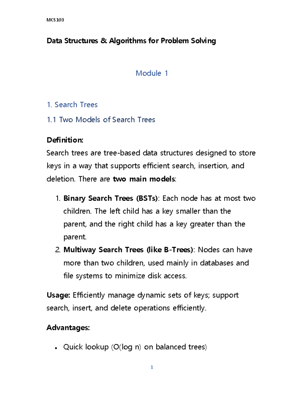 MCS103 Data Structures & Algorithms: Search Trees Overview - Studocu