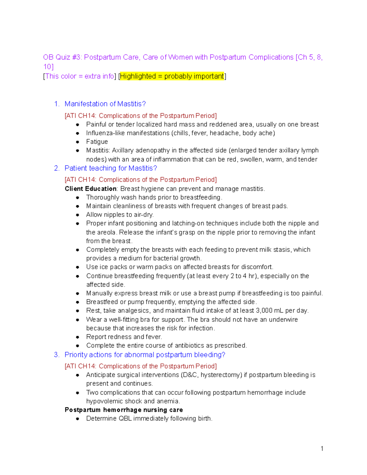 Qz3 - OB Postpartum Care & Complications Overview - Studocu