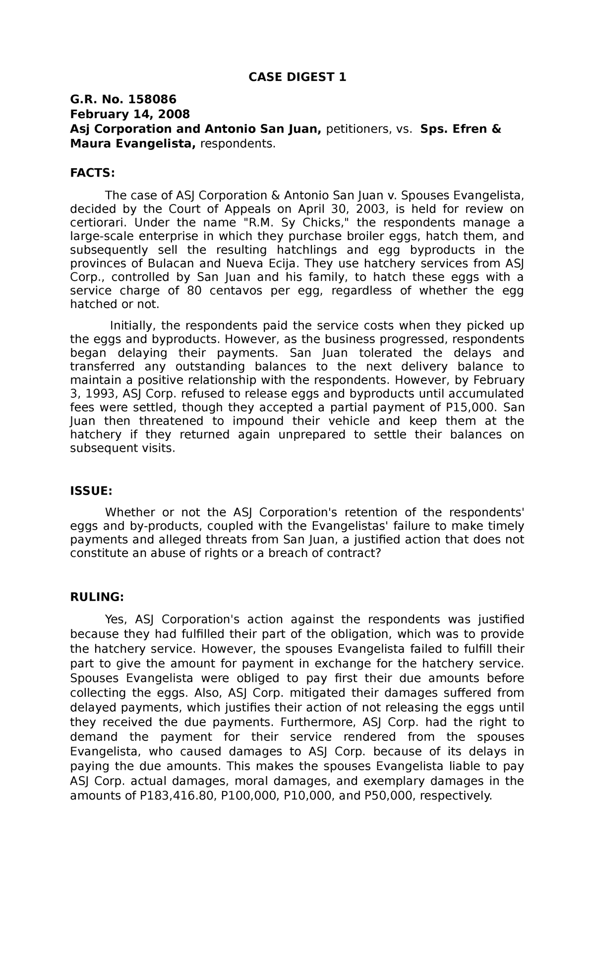 Case Digest: Key Legal Rulings and Issues (G.R. No. 158086, 1984, 1928 ...