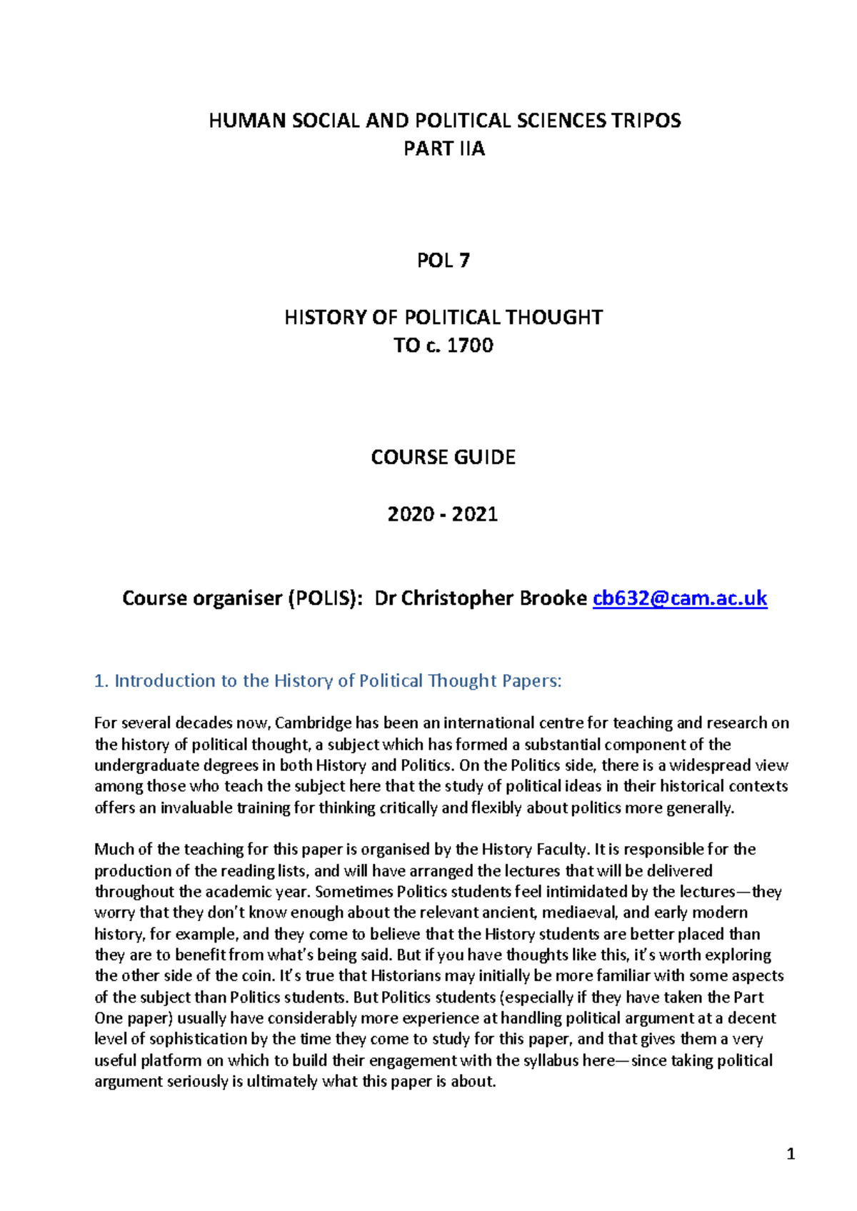 POL 7: History of Political Thought to c. 1700 - Course Guide 2020-2021 ...
