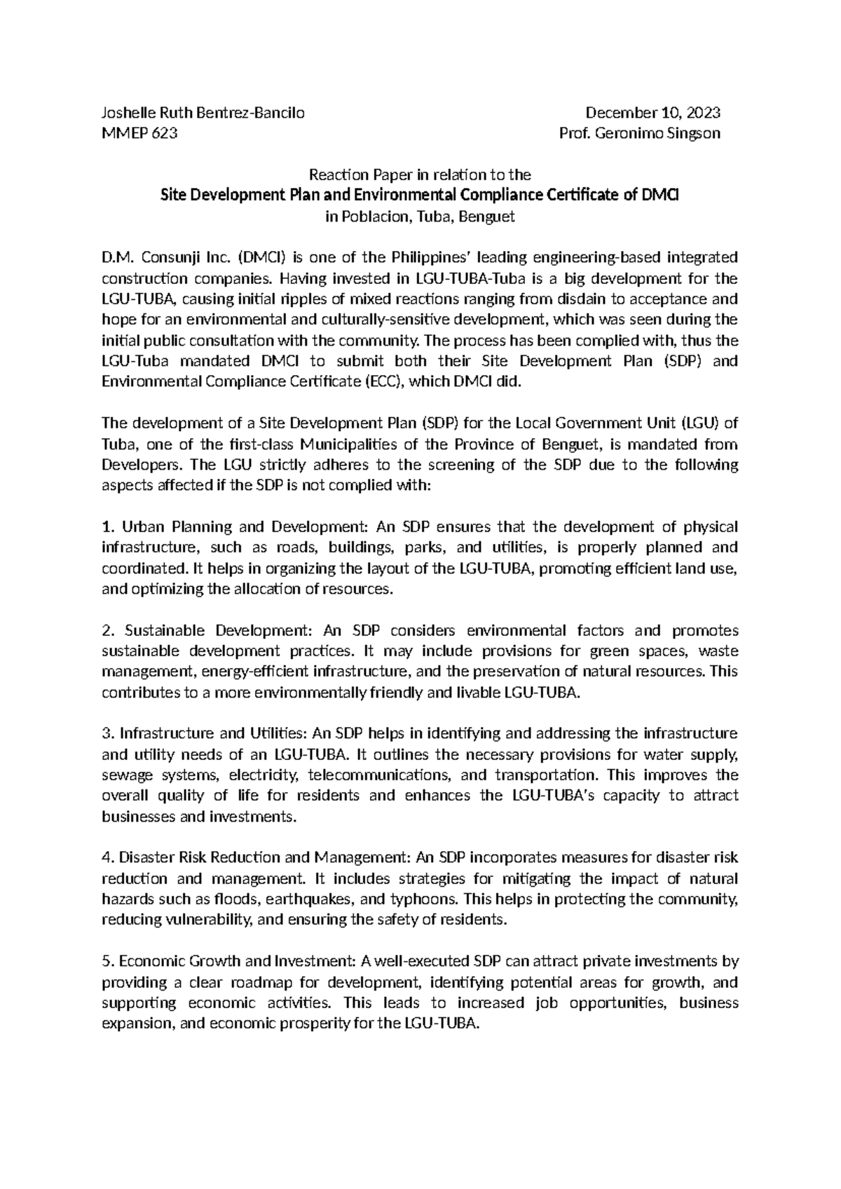 Reaction Paper on Site Development Plan & ECC for DMCI (MMEP 623) - Studocu
