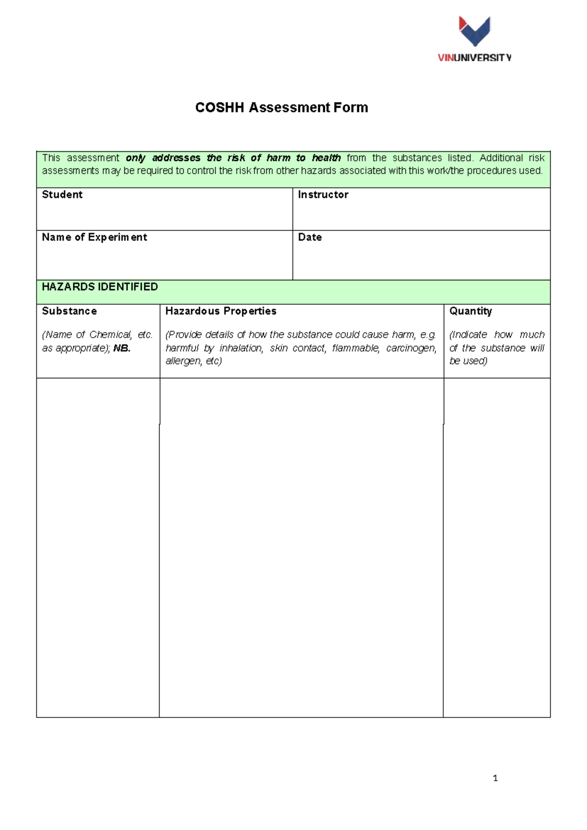 Coshh-form - This is actually fake pls dont use it - COSHH Assessment ...