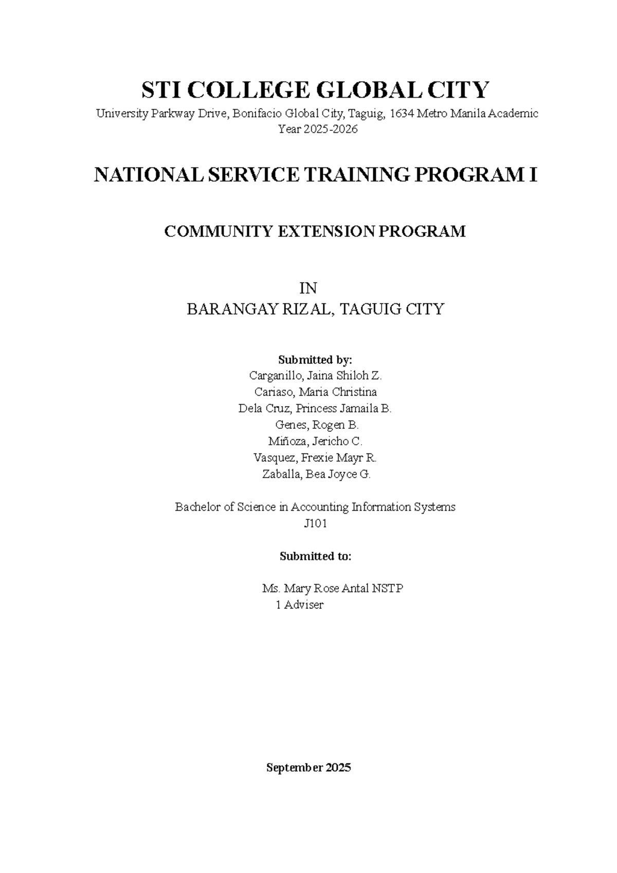 NSTP 1 Community Extension Program: Barangay Rizal Project Proposal ...