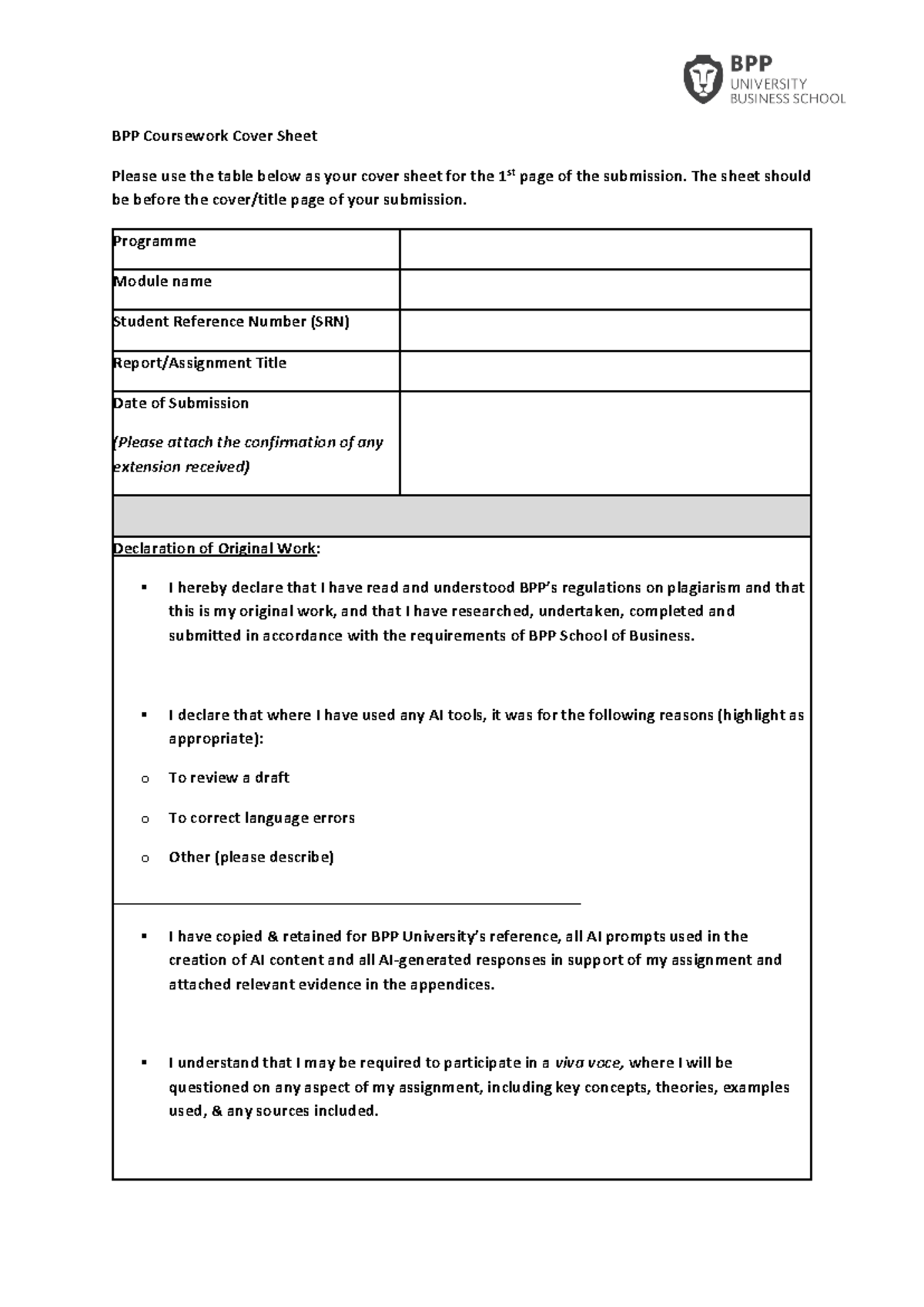 BPP Personal Effectiveness Coursework Cover Sheet 2025 - Studocu