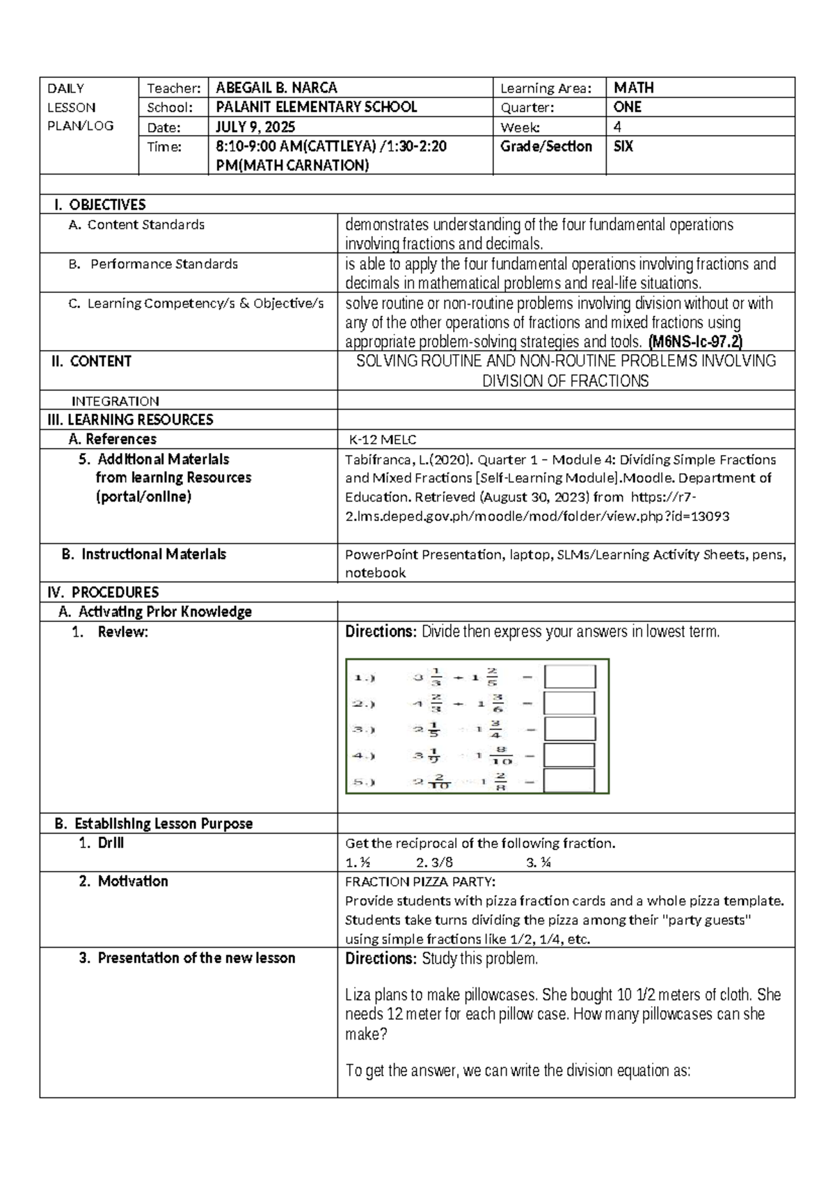 Daily Lesson Plan: Math 6 Week 4 - Division of Fractions - Studocu