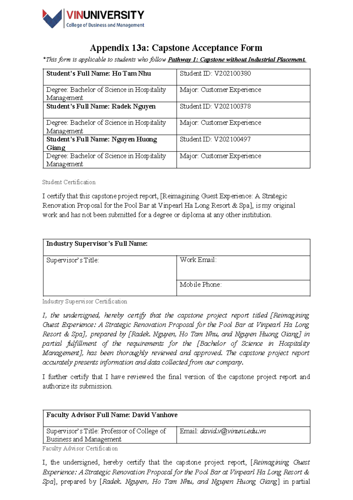 Capstone Acceptance Form for BSc in Hospitality Management - Studocu