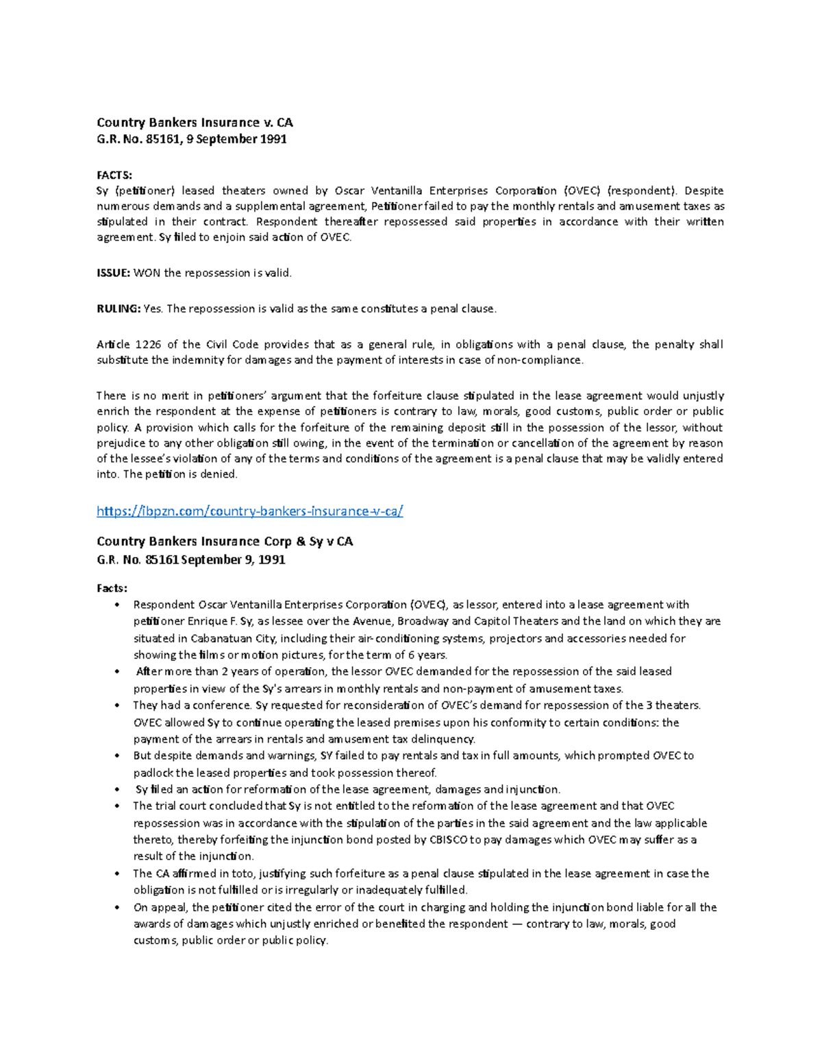 Country Bankers Ins. Corp. v. CA (G.R. No. 85161) - Case Review - Studocu
