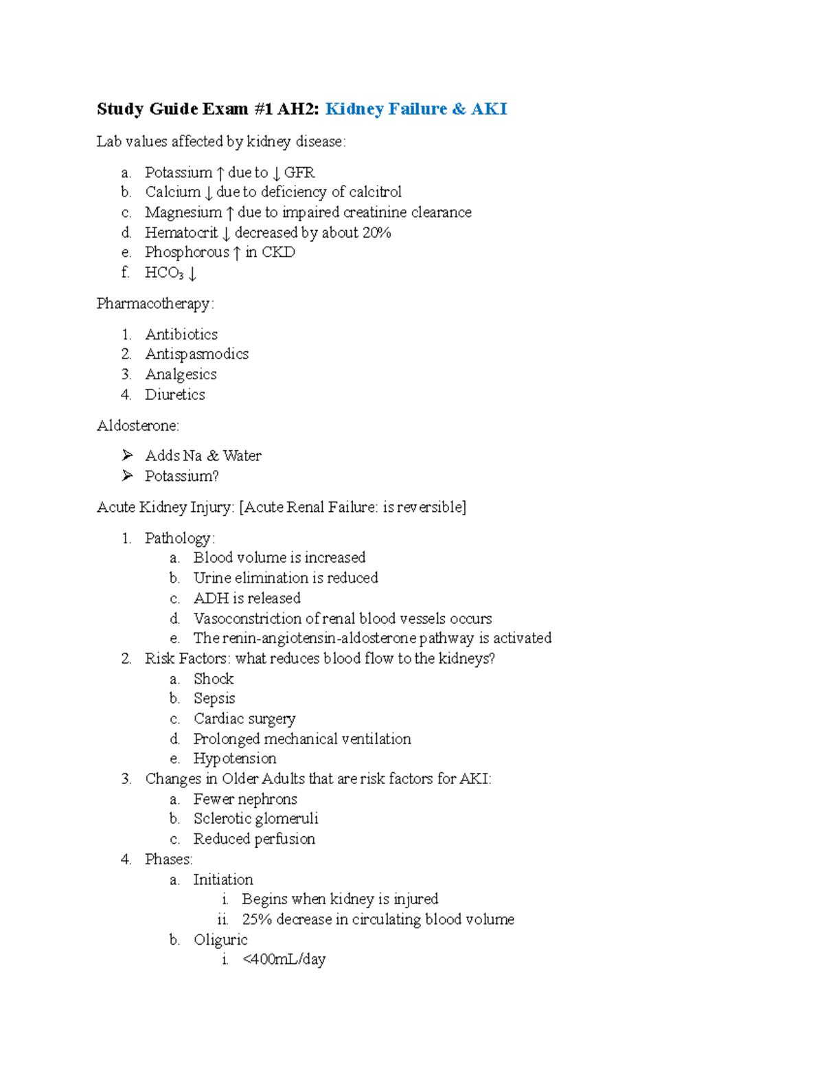 Study Guide for Exam 1: AH2 Kidney Failure & AKI Overview - Studocu