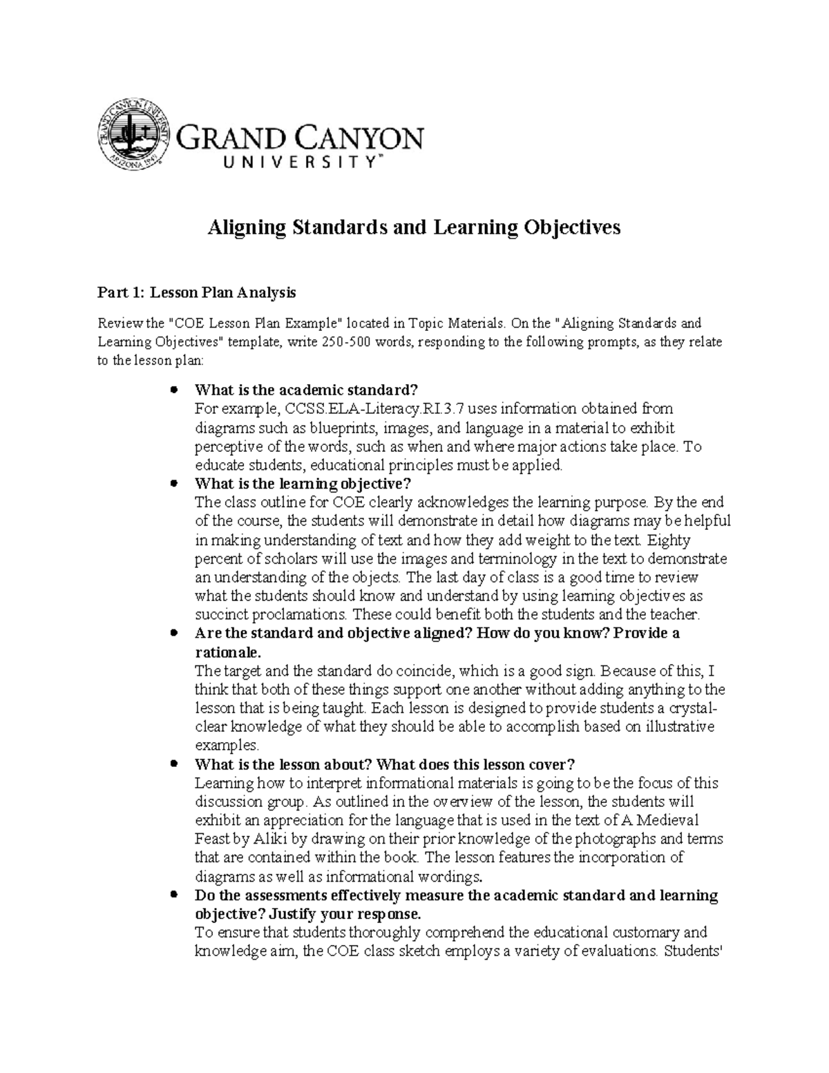 ELM-210-D-T2: Lesson Plan Analysis on Standards & Learning Objectives ...