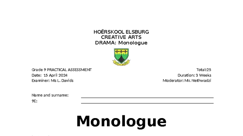 Drama Assignment 2024 T2: Grade 9 Monologue Practical Assessment Guide ...