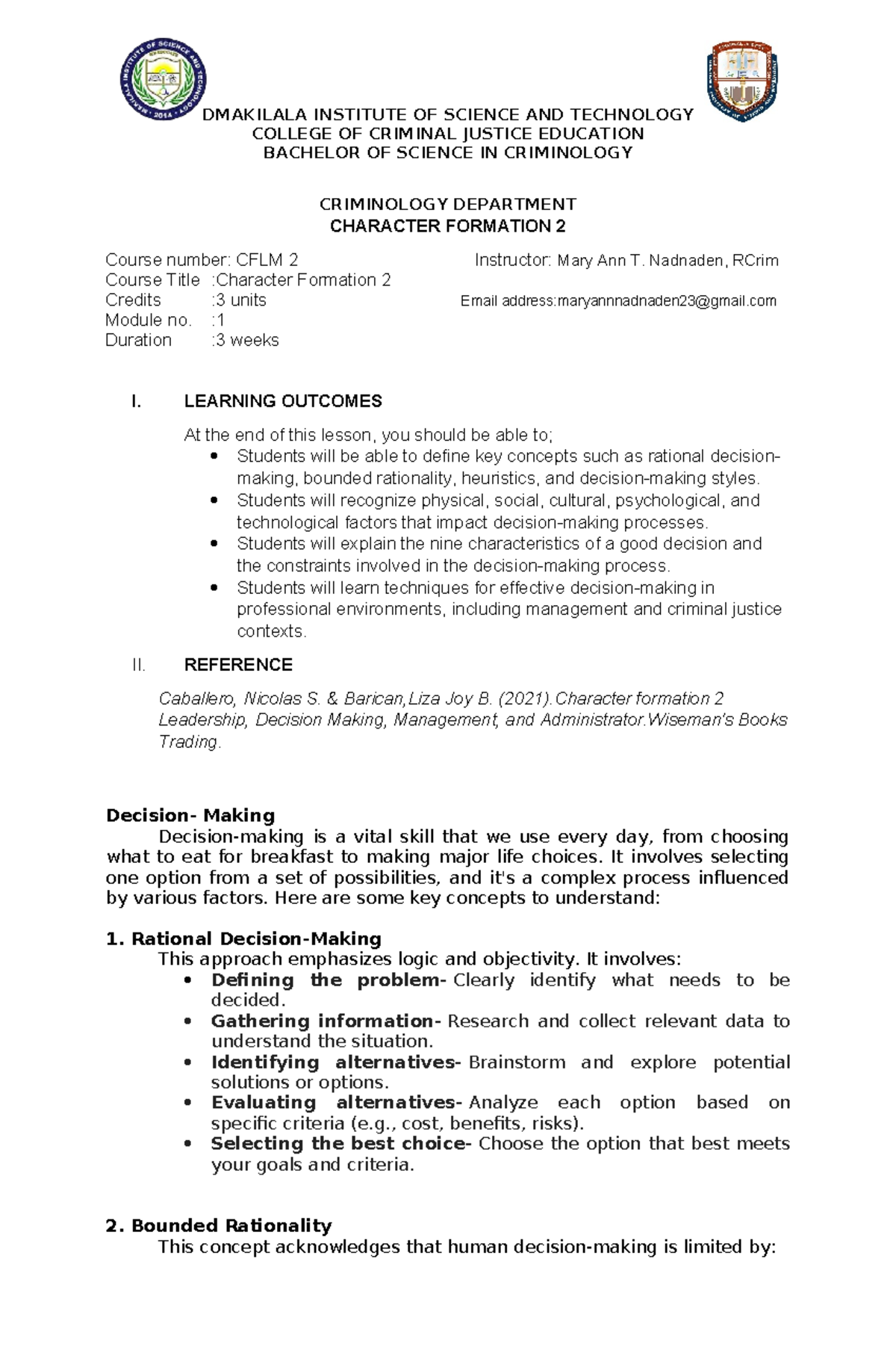 CFLM 2 Module 1: Key Concepts in Character Formation and Decision ...