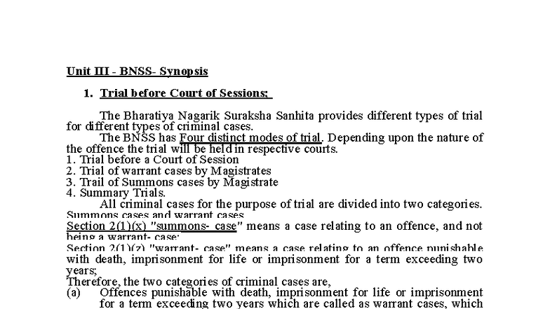 Unit III - BNSS: Overview of Criminal Trial Procedures - Studocu