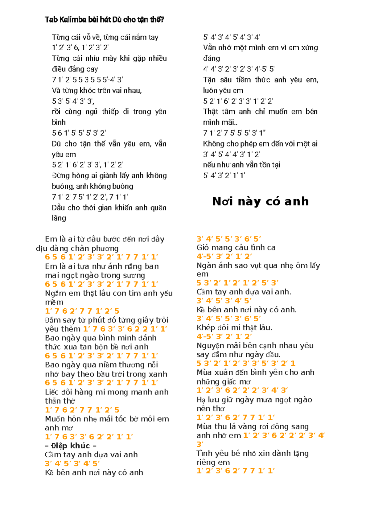 Tab Kalimba: Bài Hát "Dù Cho Tận Thế" - Hướng Dẫn Chơi - Studocu