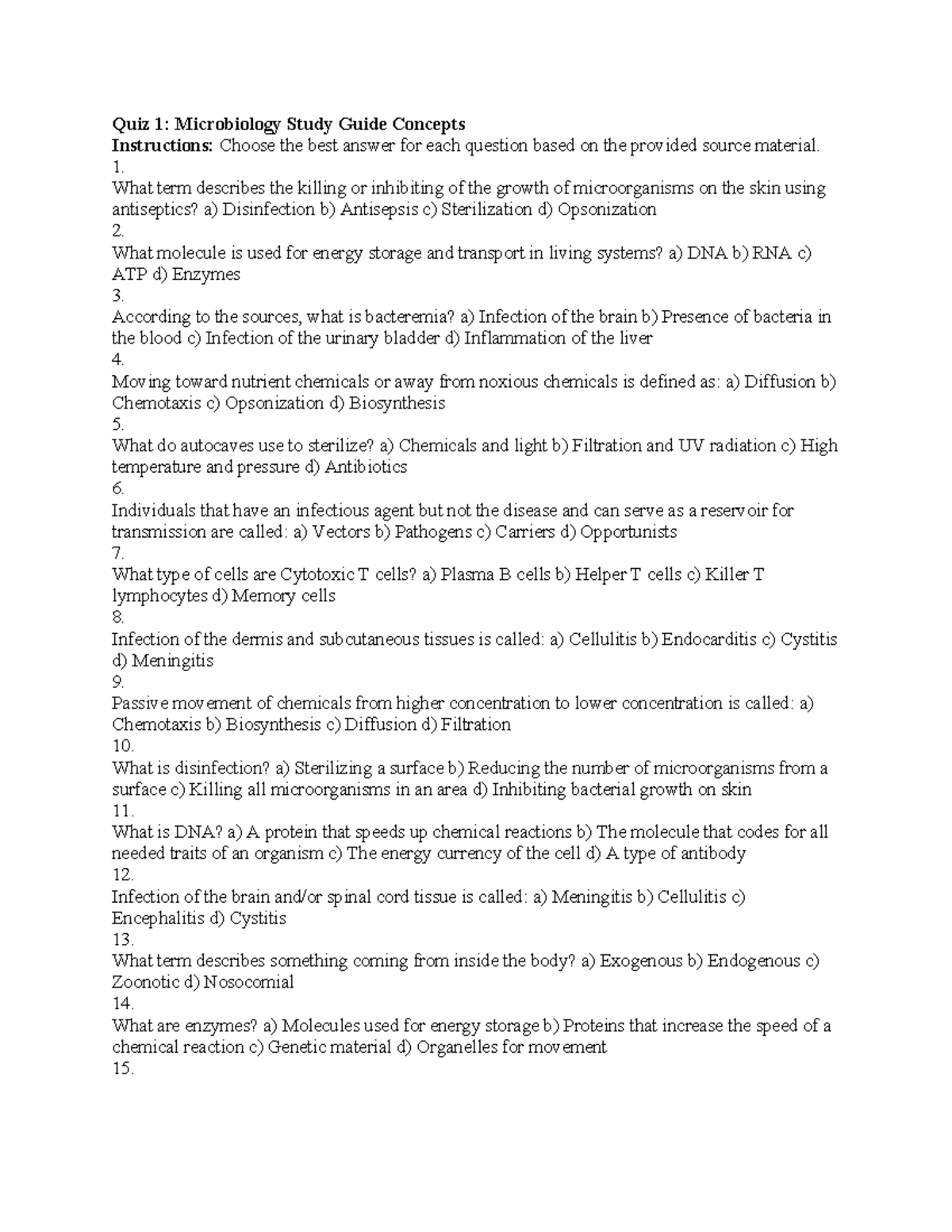 Quiz 1: Microbiology Study Guide & Answer Key for Concepts - Studocu