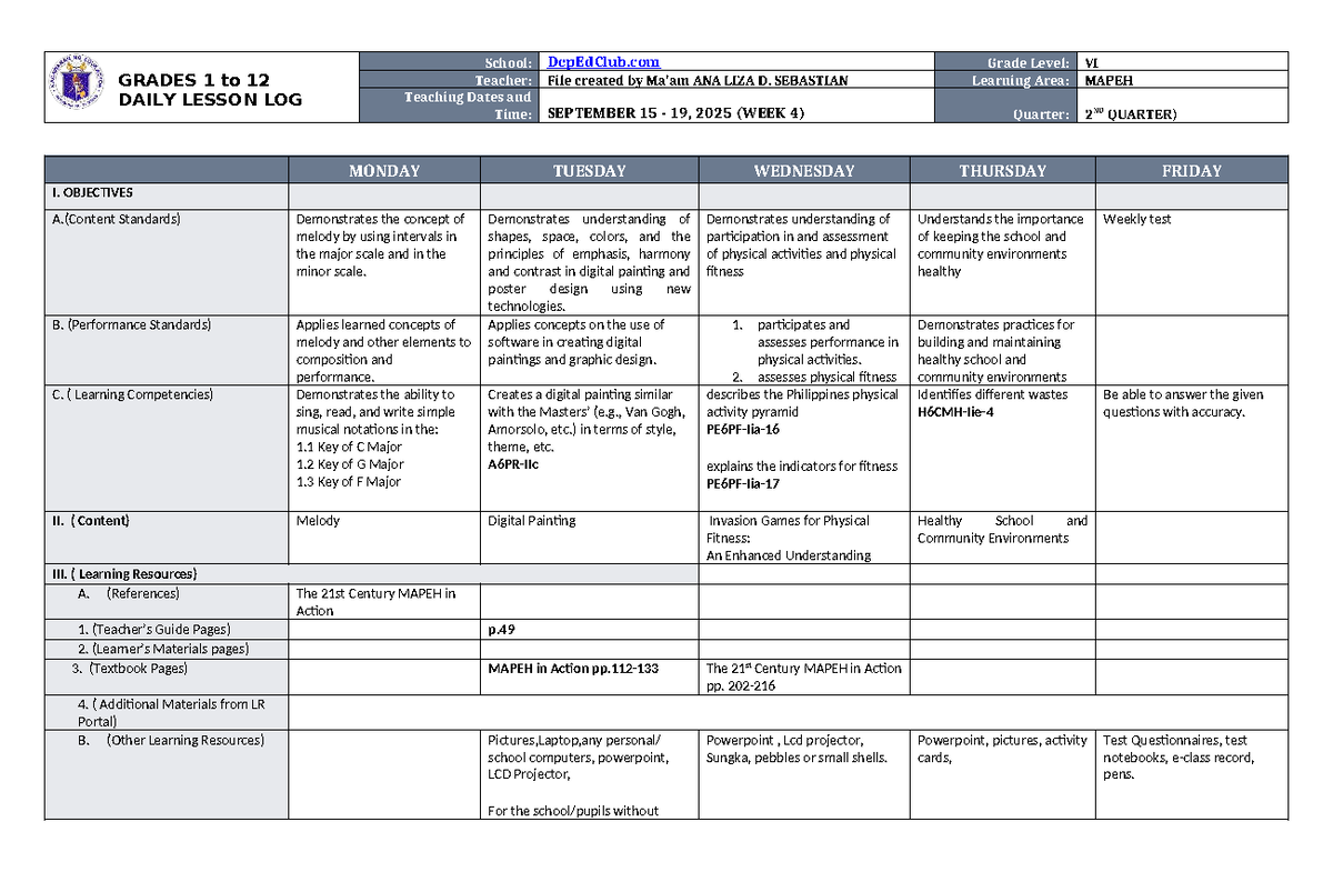 DLL MAPEH 6 Q2 W4 - Daily Lesson Log for Music & Arts - Studocu
