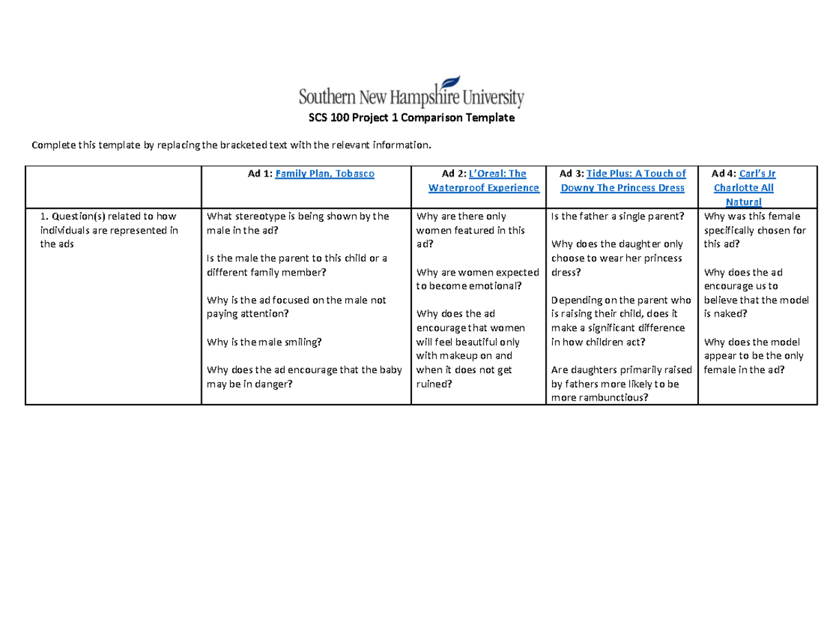 SCS 100 Project 1 Comparison Template Final Draft - SCS 100 Project 1 ...