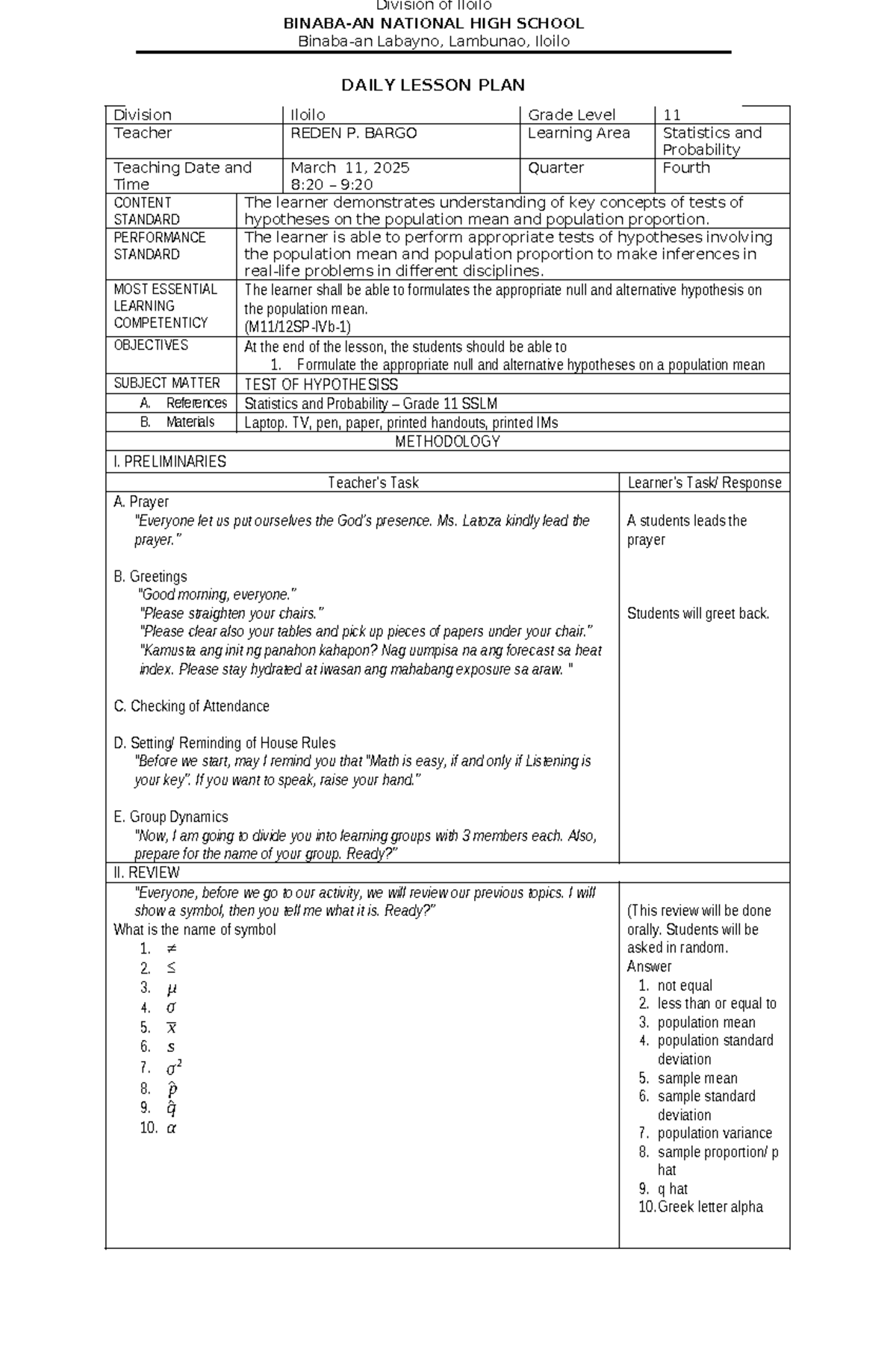 Daily Lesson Plan: Test of Hypothesis in Statistics (Grade 11) - Studocu