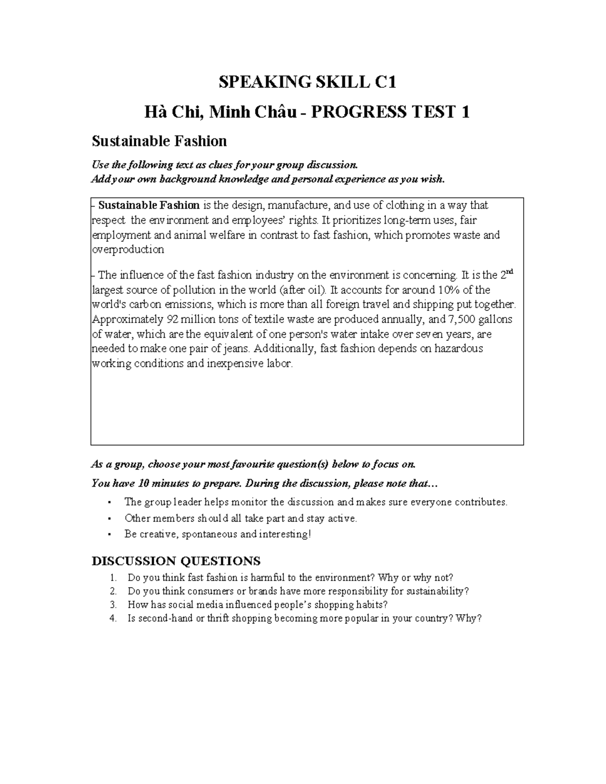 SPEAKING SKILL C1: Progress Test 1 on Sustainable Fashion Discussion ...
