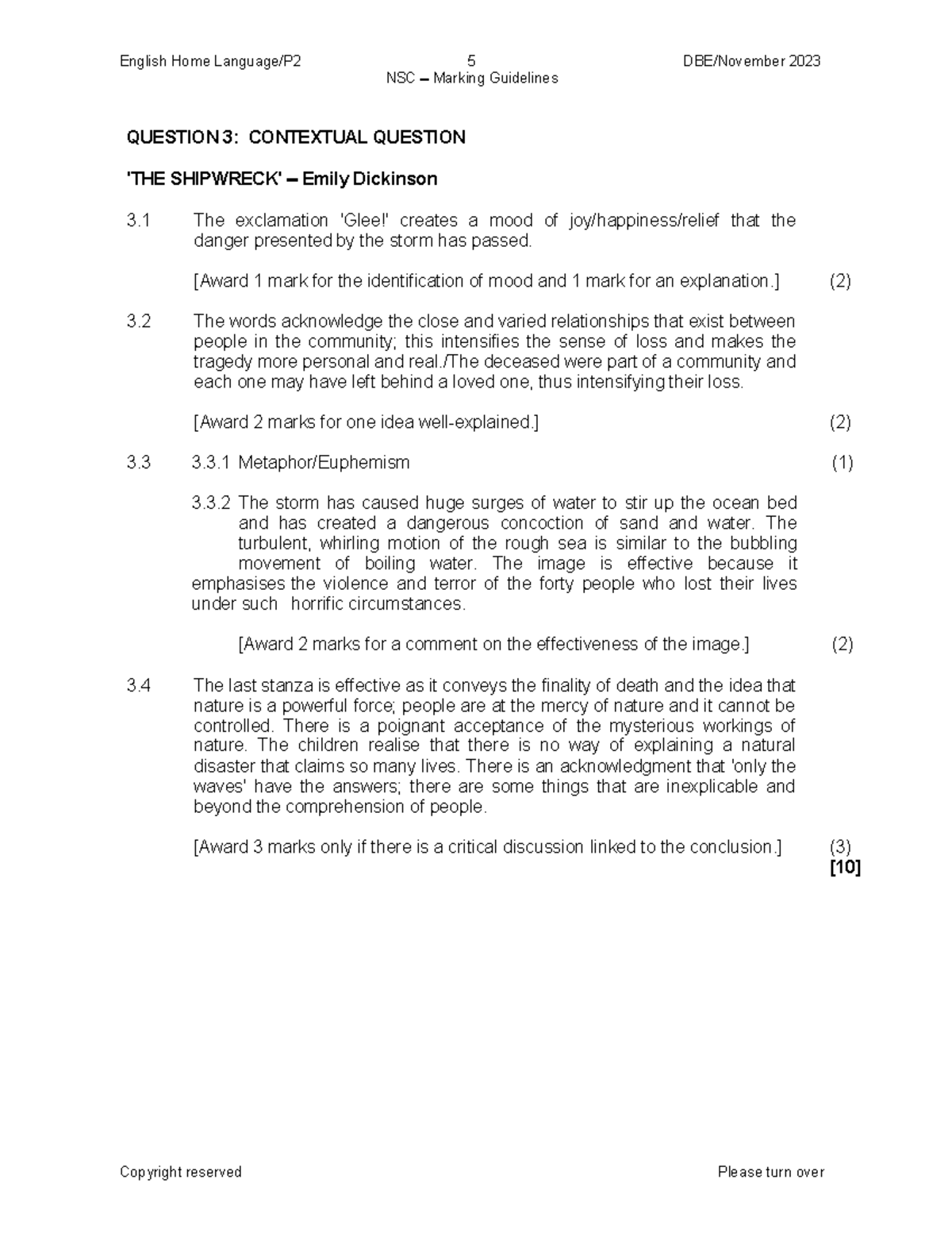 DBE - NSC NOV 2023 - Shipwreck MEMO - English Home Language/P2 5 DBE ...