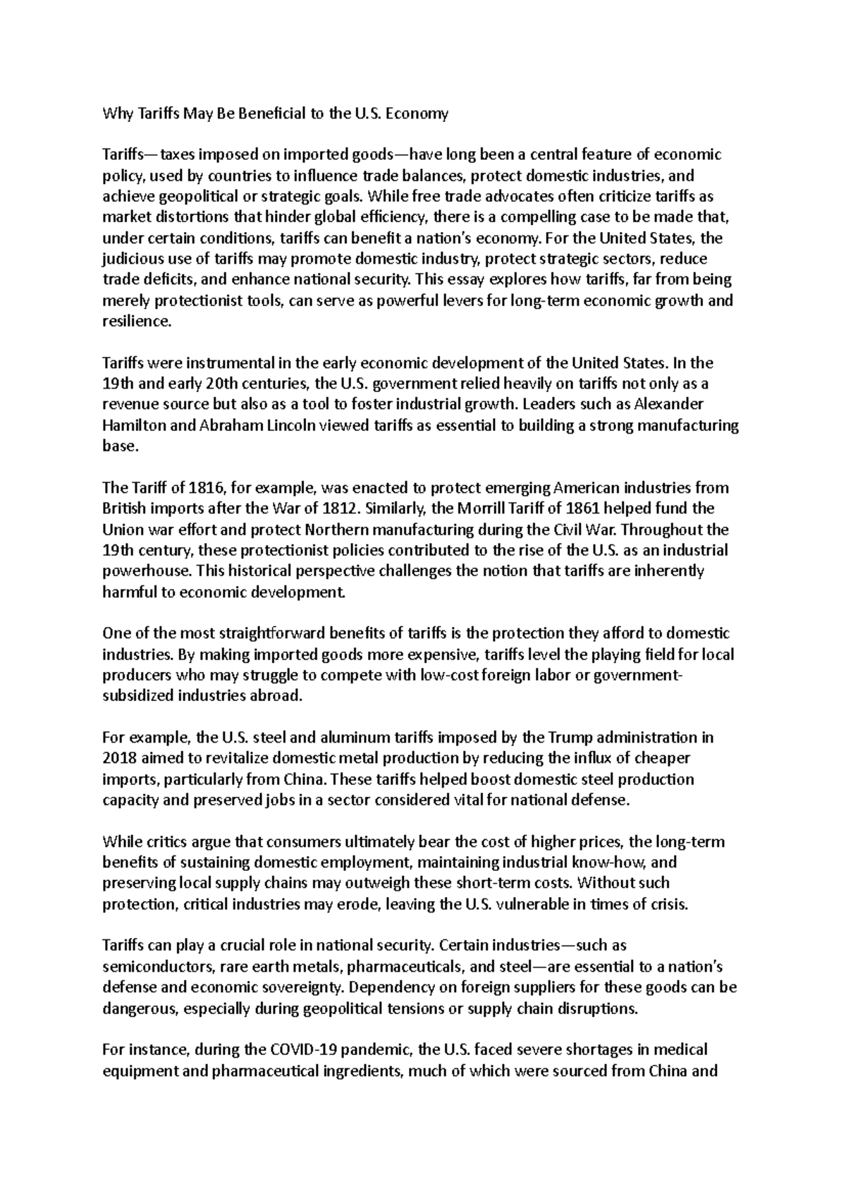 Tariffs and U.S. Economic Growth: A Strategic Analysis Essay - Studocu
