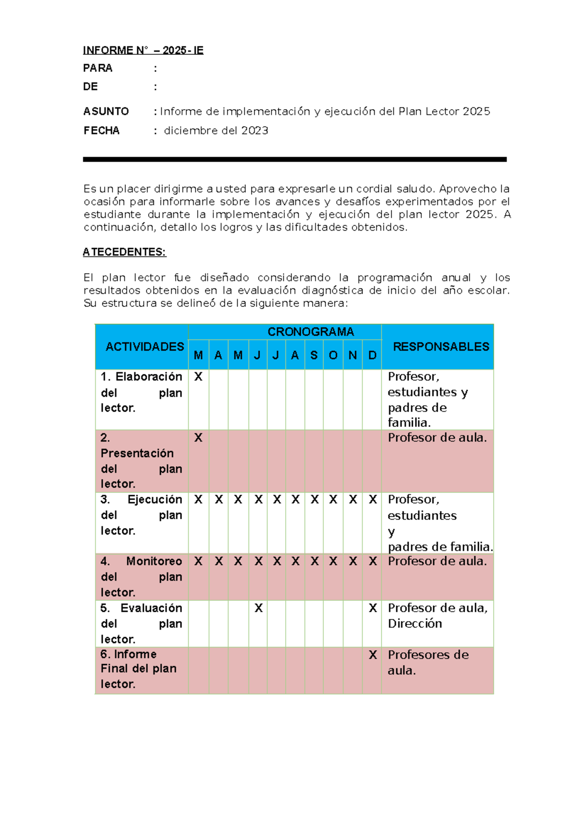 Informe de Implementación del Plan Lector 2025 - Diciembre 2023 - Studocu