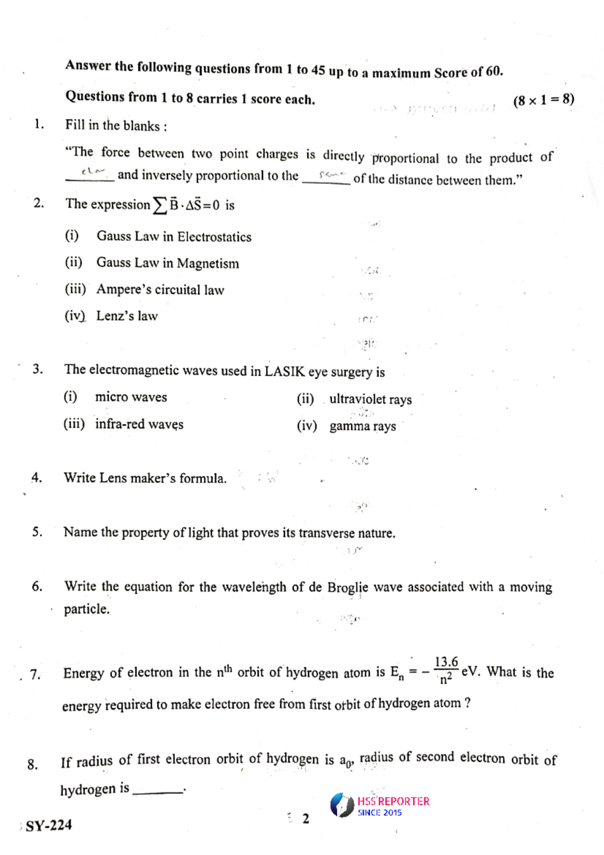 2 Physics Final Exam QP - Answer the following questions from 1 to 45 ...