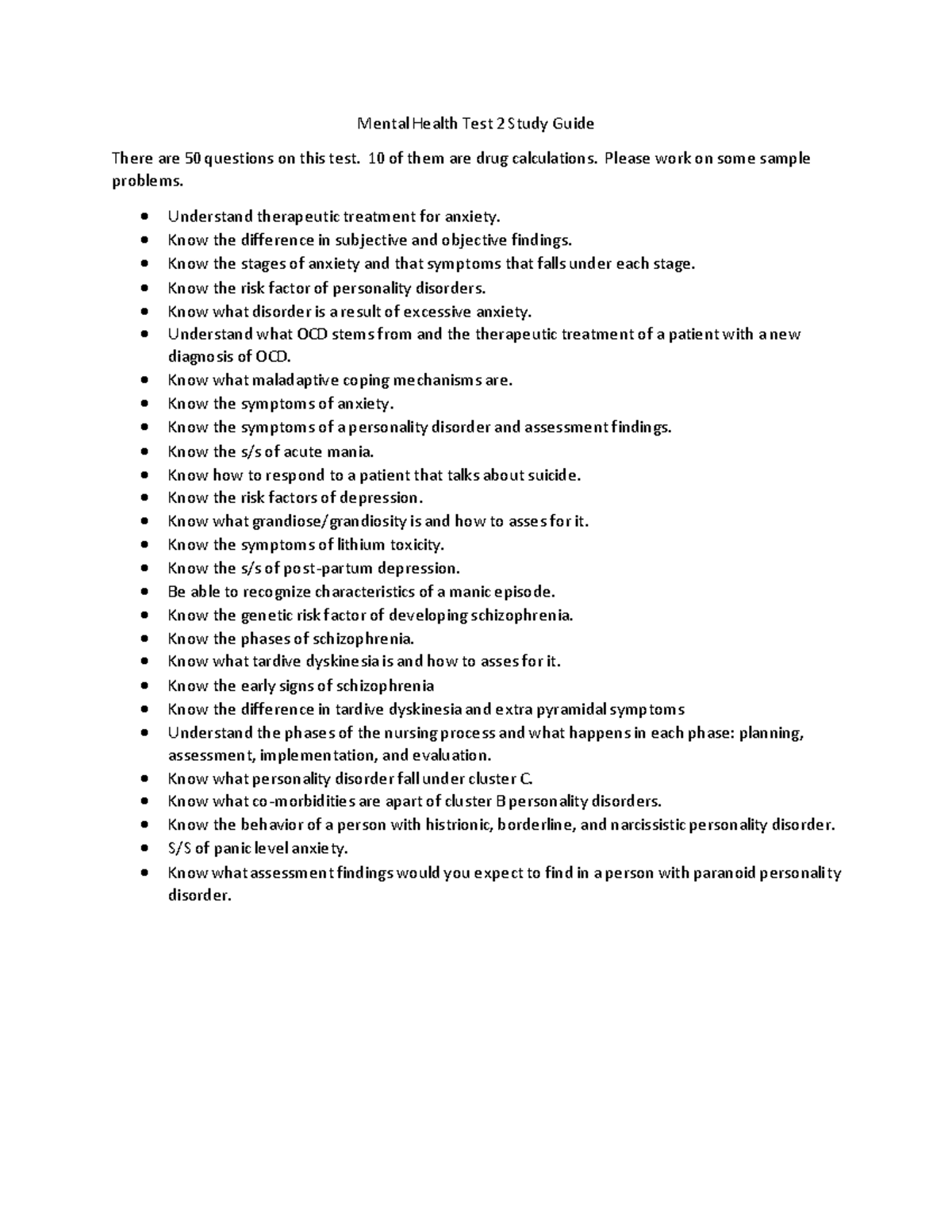 Mental Health Test 2 Study Guide: Key Concepts & Symptoms - Studocu