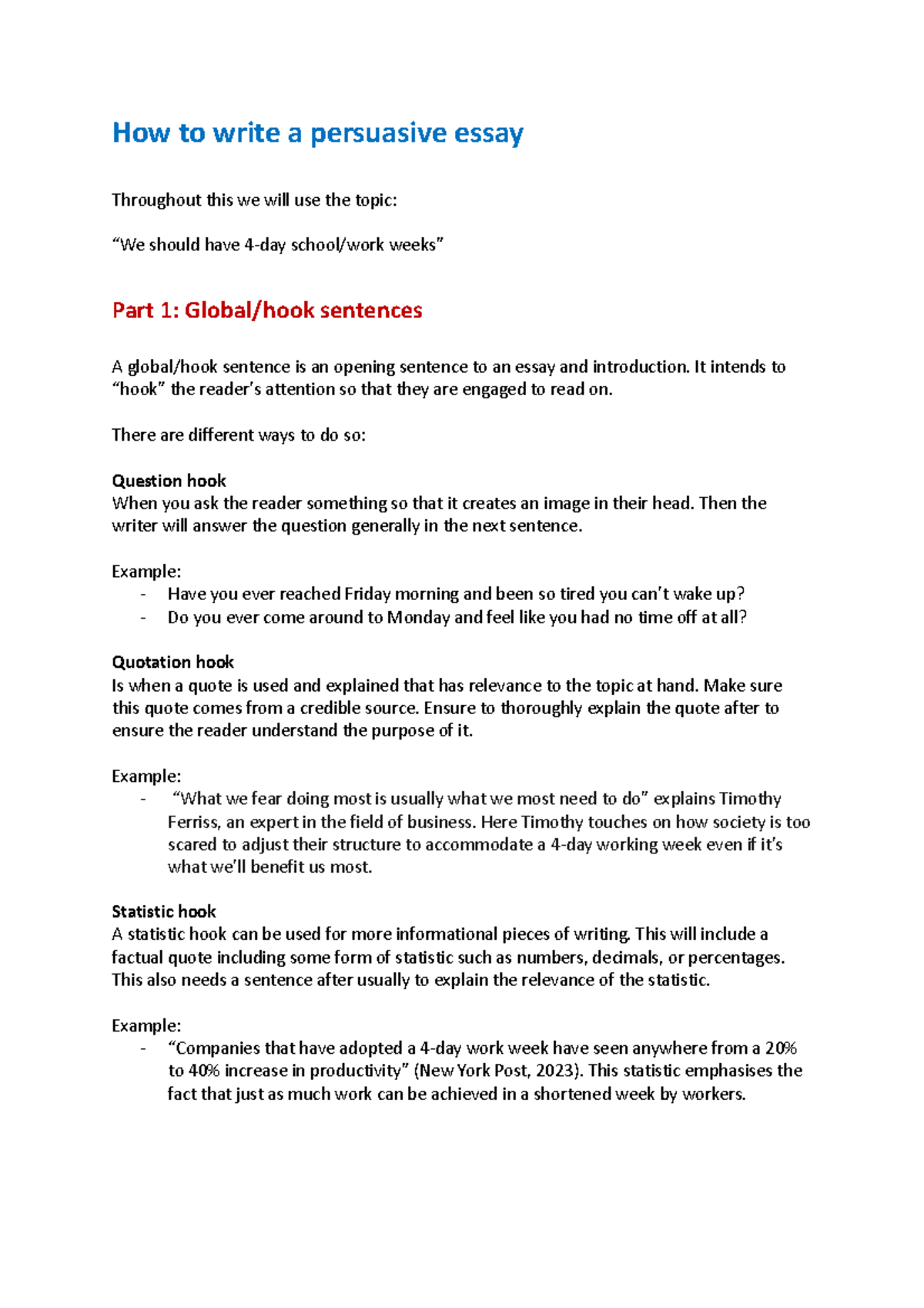 Effective Global Hook Sentences for Persuasive Essays - Studocu