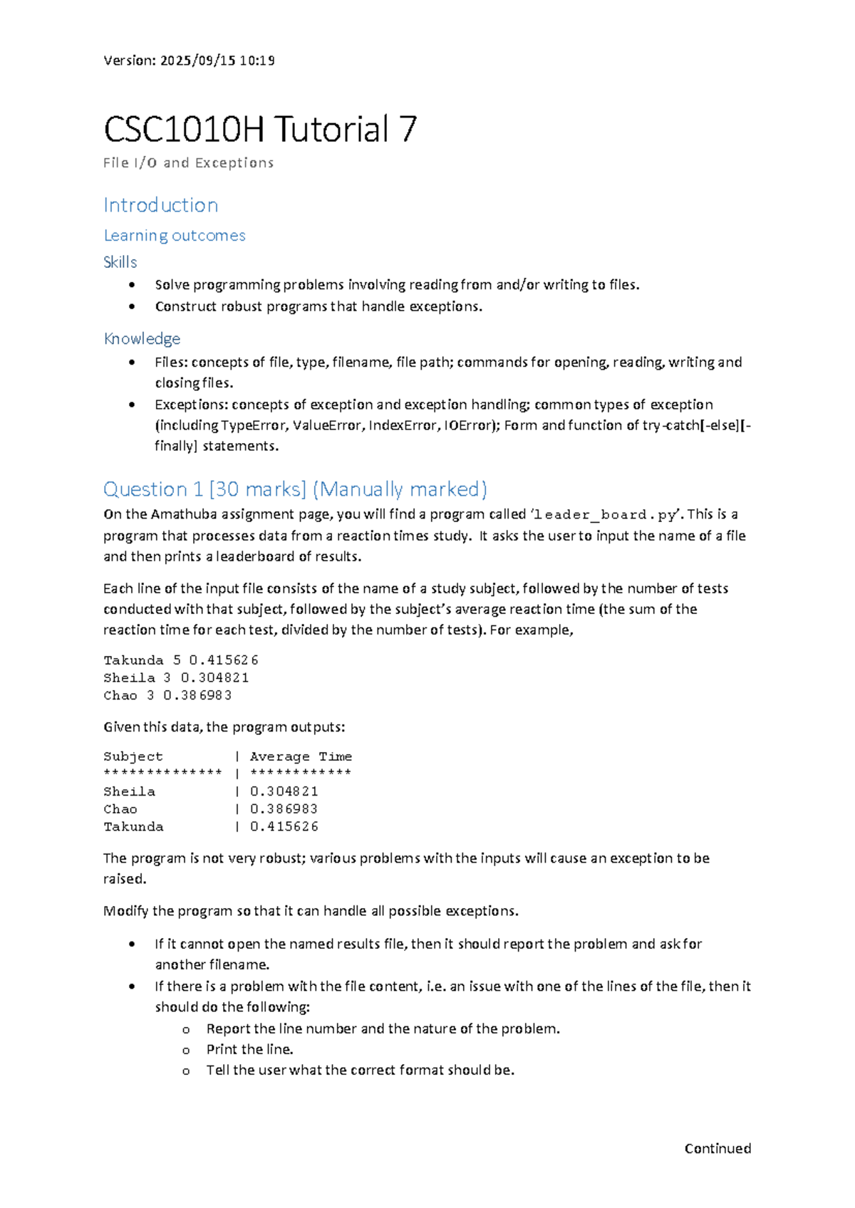 CSC1010H Tutorial 7: File Handling & Exception Management - Studocu