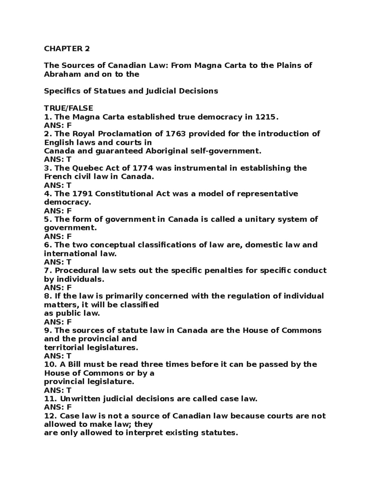 Test Bank for Canadian Law - An Introduction (7th Edition) - CHAPTER 2 ...