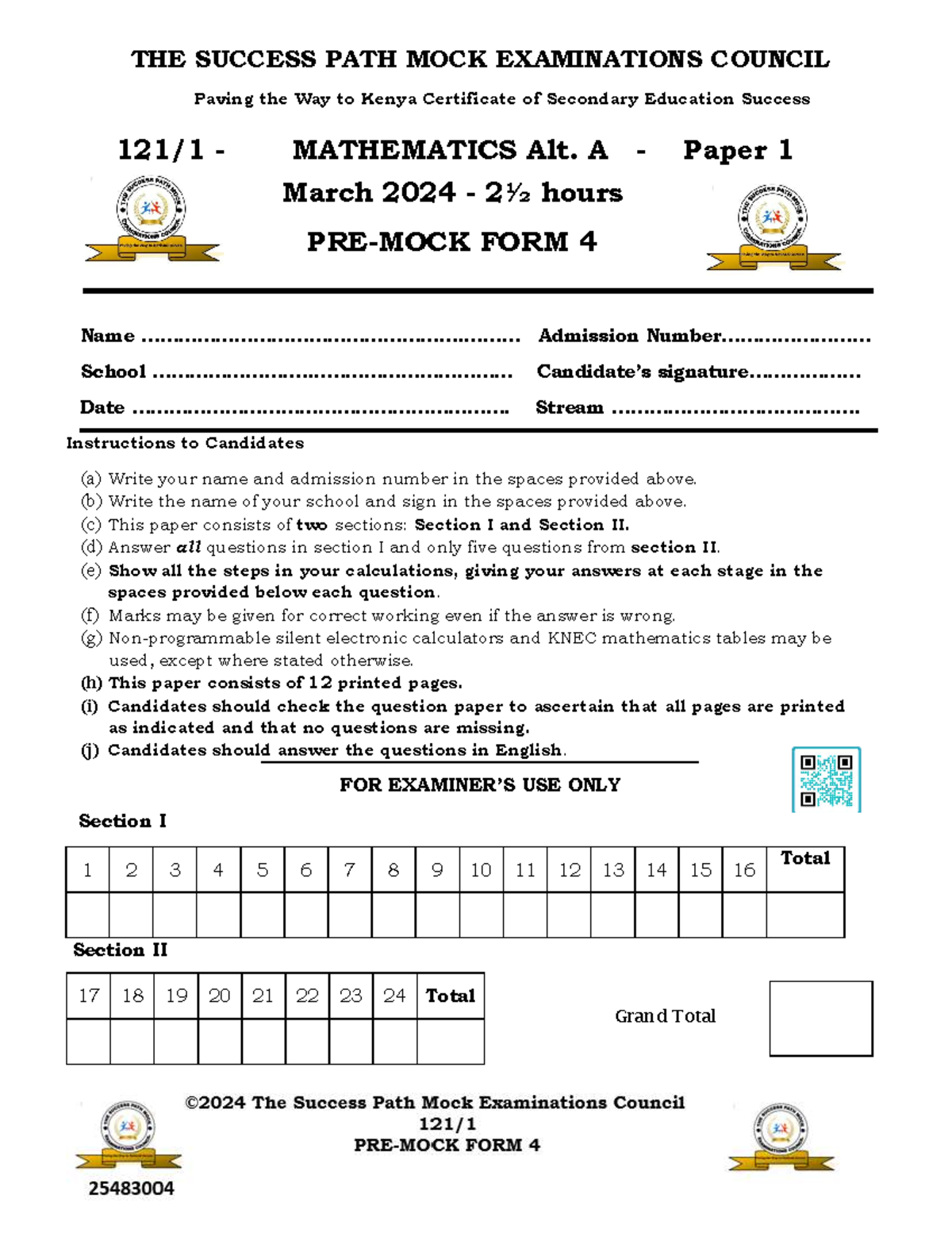 Maths PP1 Final PRE-MOCK 2024 - Corrected Exam Paper - Studocu