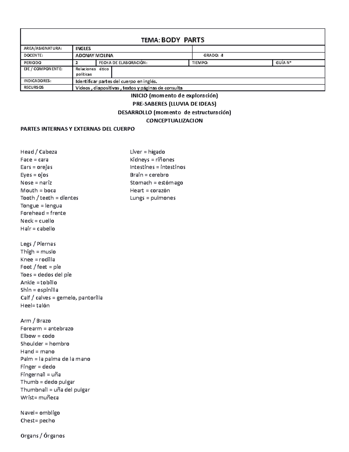 Partes DEL Cuerpo INGLES - TEMA: BODY PARTS AREA/ASIGNATURA: INGLES ...
