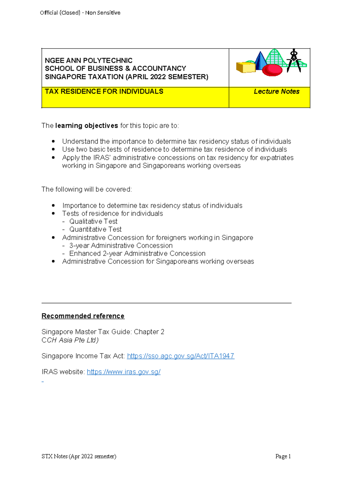 STX Notes: Tax Residence for Individuals (April 2022 Semester) - Studocu