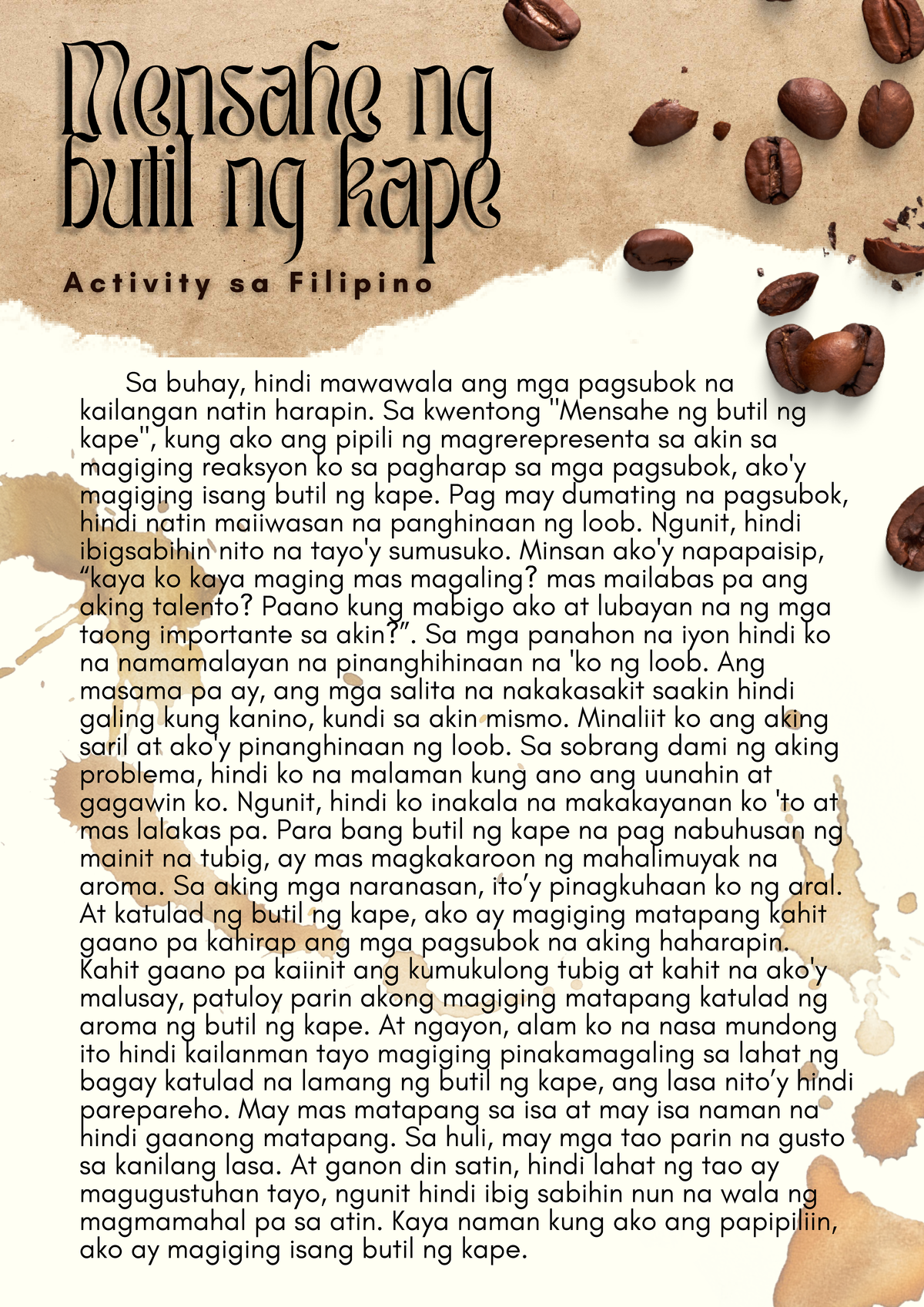 Mensahe ng Butil ng Kape: Pagsubok at Pag-asa sa Buhay - Studocu
