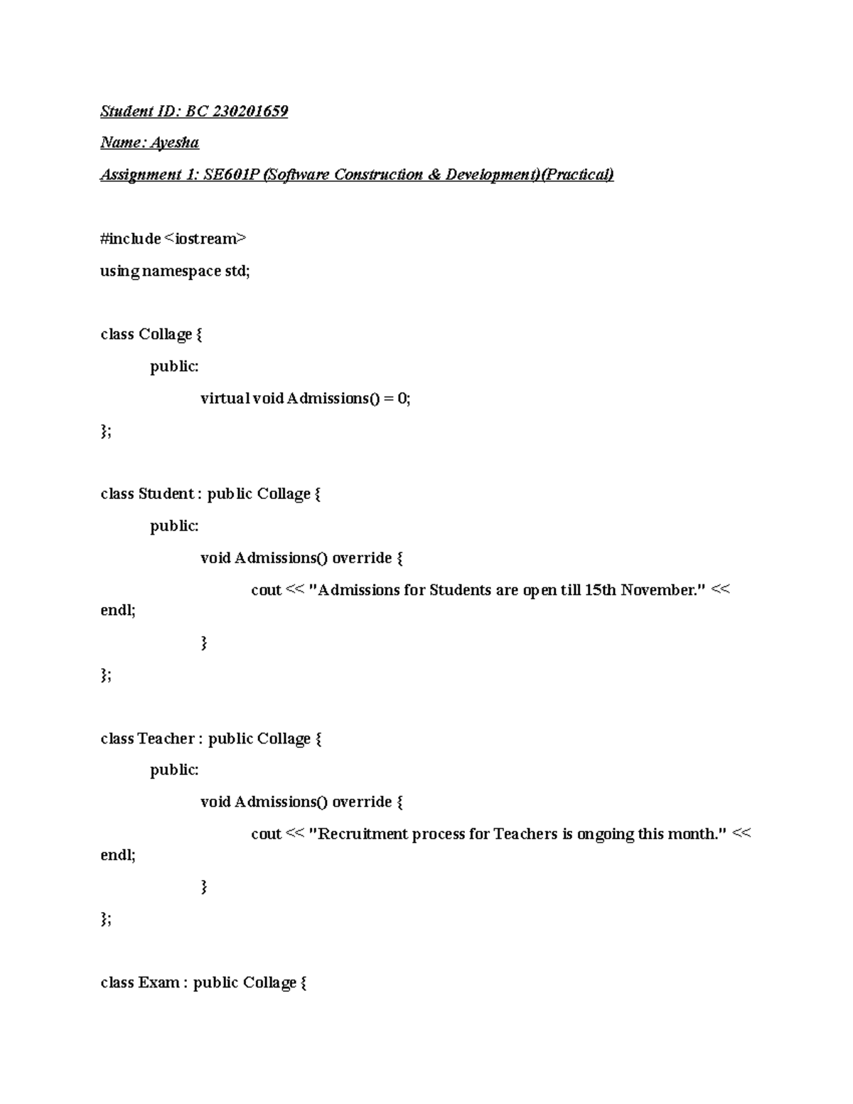 SE601 P Assignment 1 - Student ID: BC 230201659 Name: Ayesha Assignment ...