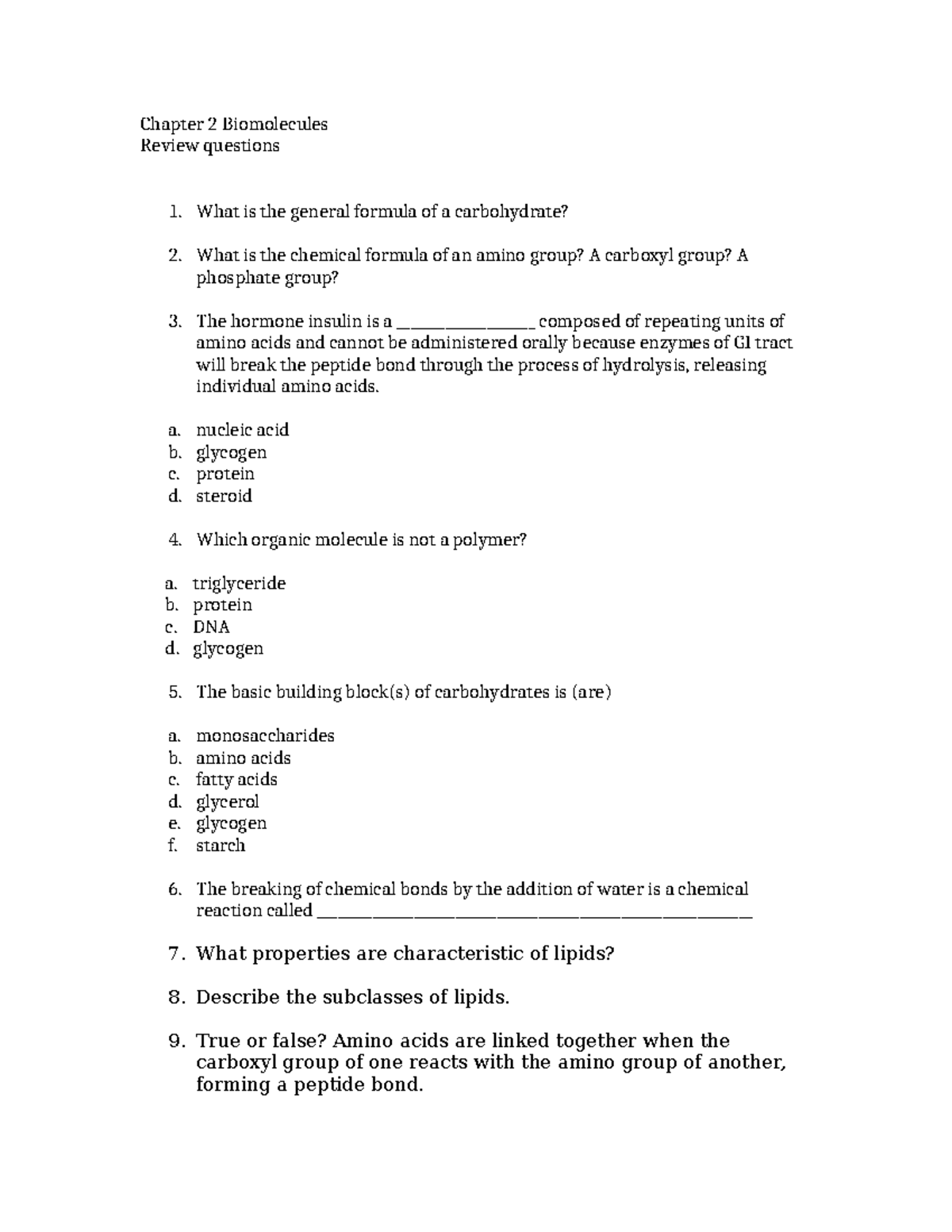 Chapter 2 Biomolecules - Chapter 2 Biomolecules Review questions 1 ...