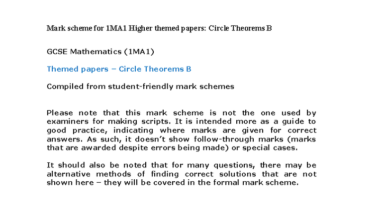 Mark Scheme for 1MA1 Higher: Circle Theorems B (GCSE Maths) - Studocu