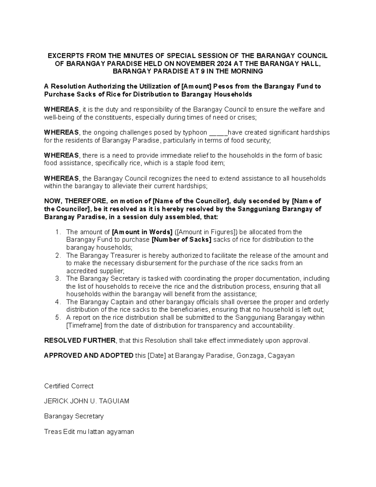 Barangay Resolution on Rice Distribution for Households Re: Typhoon ...