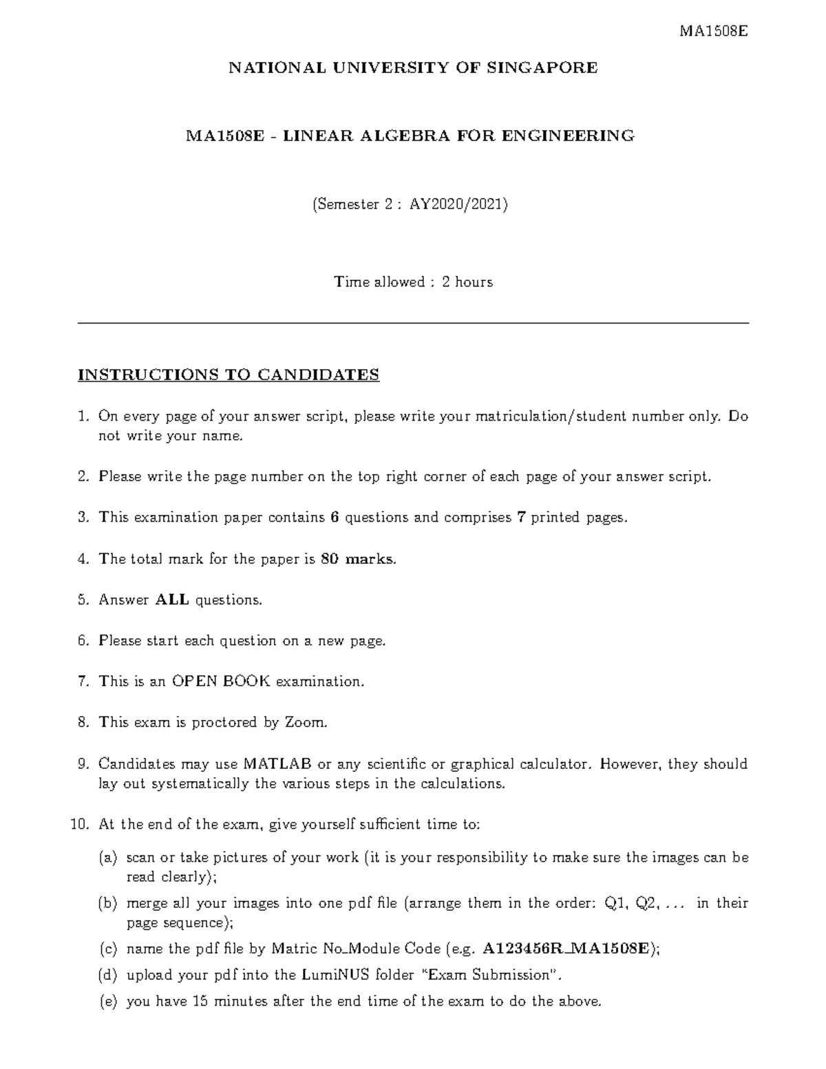 MA1508E Linear Algebra for Engineering Final Exam AY2021 Sem2 - Studocu