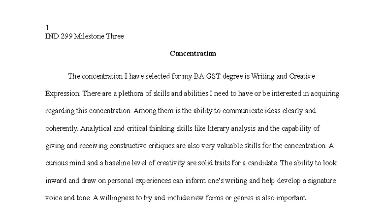 IND 299 Milestone Three: Writing & Creative Expression Concentration ...